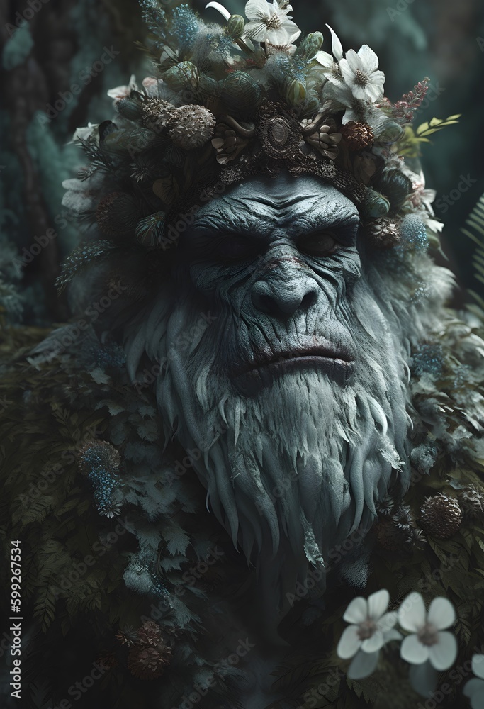 Primate god, with a crown made of flower, among dense forest, similar ...
