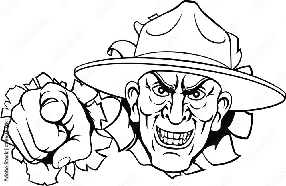 An army bootcamp drill sergeant soldier looking mean and pointing at ...