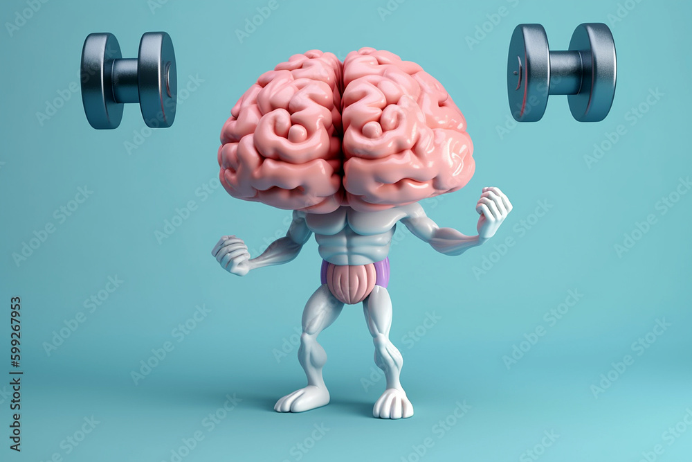 Human brain lifting weights. 3D brain lifting a heavy dumbbell. Mind ...