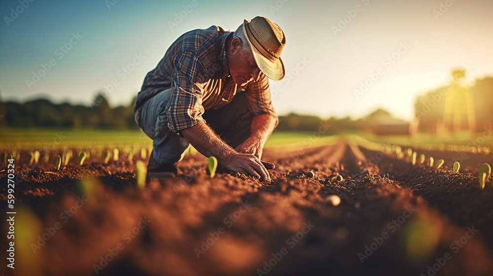Regenerative Agriculture. A farmer planting seeds in a fertile field ...
