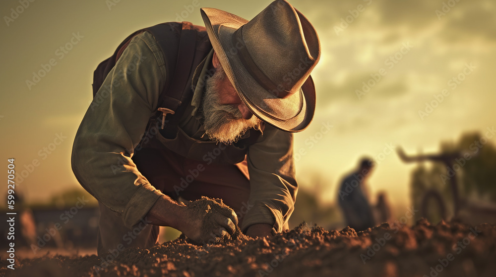 Regenerative Agriculture. A farmer planting seeds in a fertile field ...