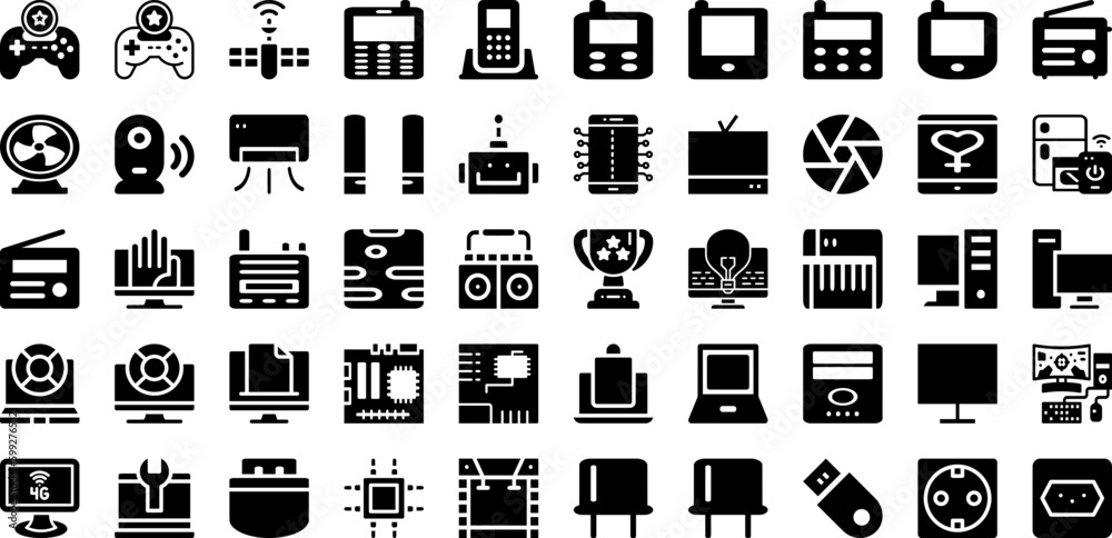 Electronics Icon Set Isolated Silhouette Solid Icons With Icon, Vector ...