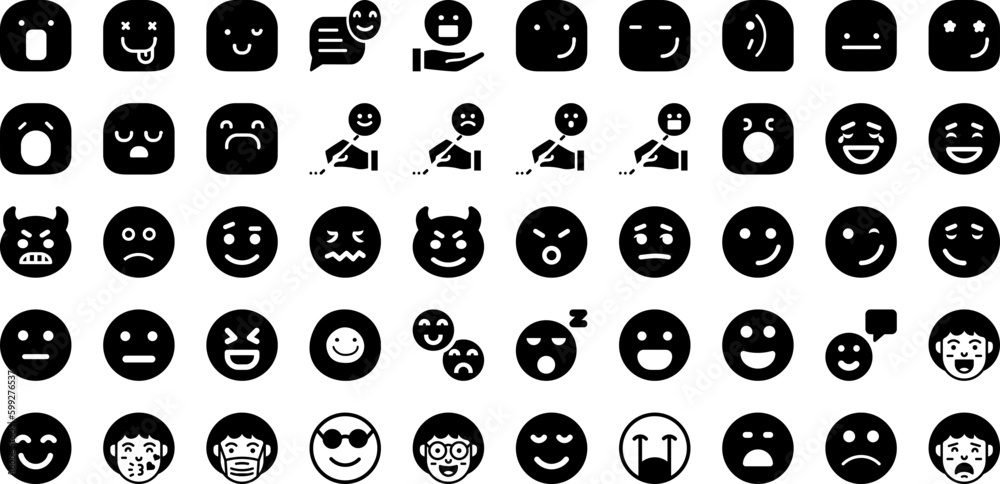 Emoticon Icon Set Isolated Silhouette Solid Icons With Face, Symbol ...