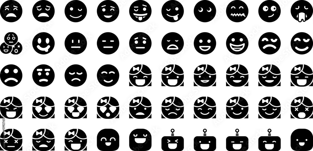 Emoticon Icon Set Isolated Silhouette Solid Icons With Face, Vector ...