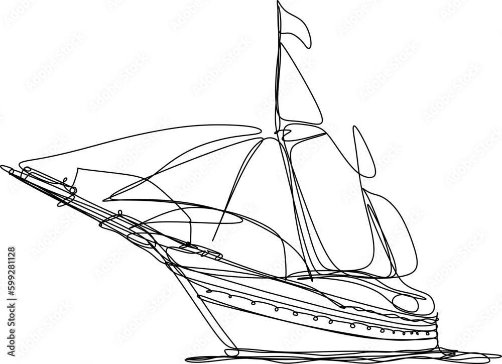 One line art. continuous line art. a traditional ship sailing in the ...