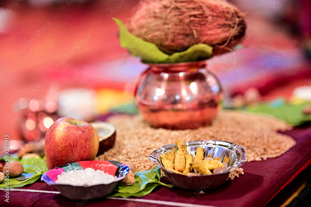 Hindu Wedding Worship Elements with coconut, betel nuts and leaf ...