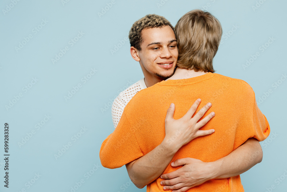 Young adorable smiling happy couple two gay men wear casual clothes ...