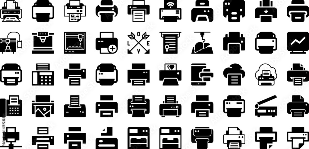 Printer Icon Set Isolated Silhouette Solid Icons With Paper, Print ...