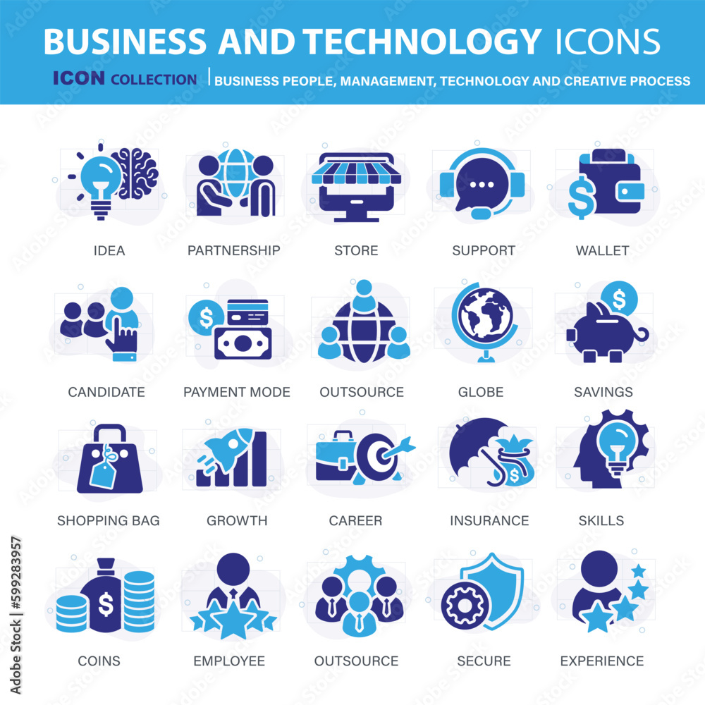 Business, data analysis, organization management and technology icon ...