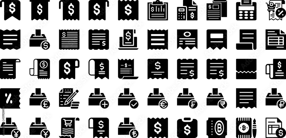 Receipt Icon Set Isolated Silhouette Solid Icons With Receipt, Payment ...