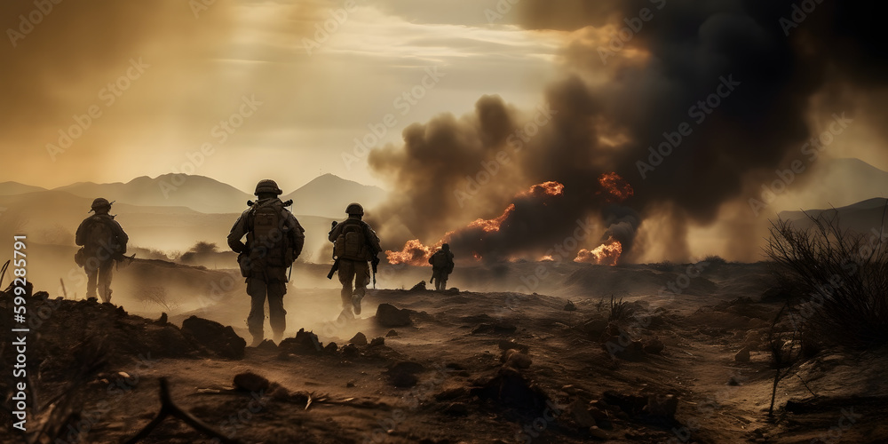 military special forces soldiers crosses destroyed warzone through fire ...