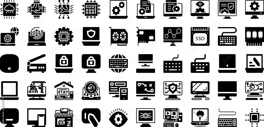 Technology Icon Set Isolated Silhouette Solid Icons With Icon, Vector ...