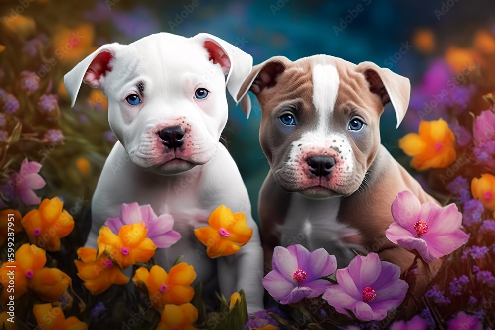 Cute Pit bull cubs sitting in a field of colourful flowers background ...