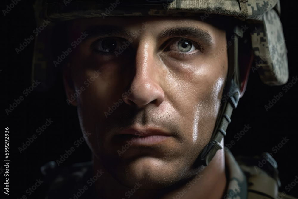 Generative AI illustration of crop serious young soldier in helmet ...