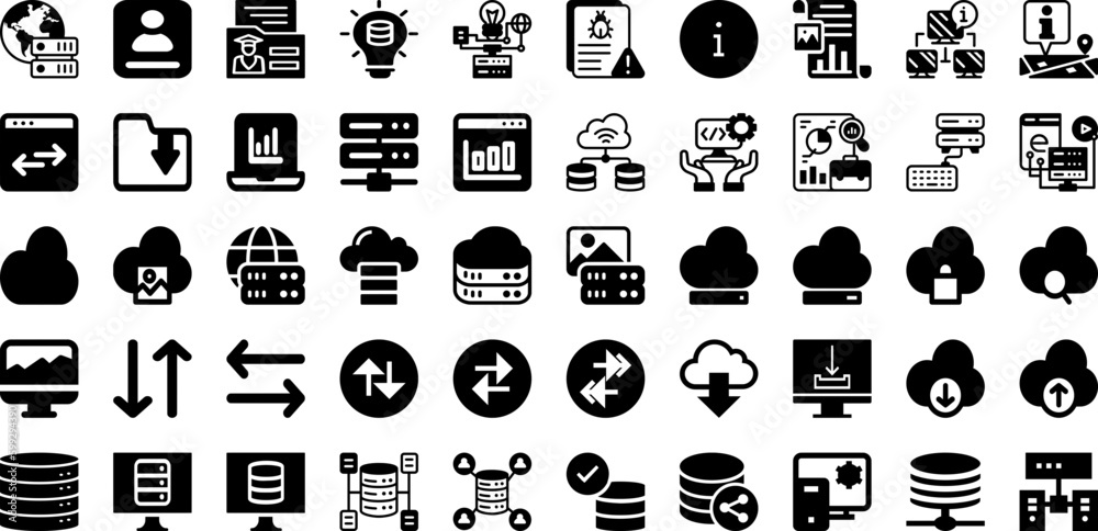 Data Icon Set Isolated Silhouette Solid Icons With Computer, Symbol ...