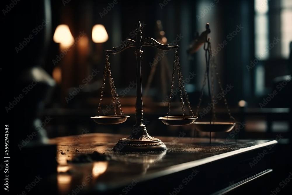 Dramatic view scale of justice in dark court hall concept. Generative ...