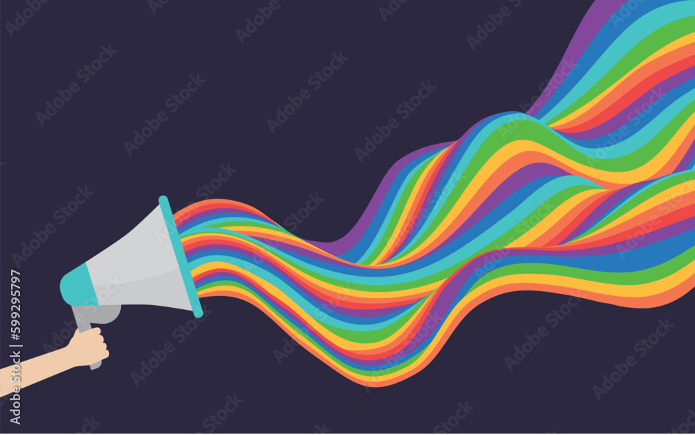 LGBT Pride Month banner. People hold megaphone and flags with lgbt ...