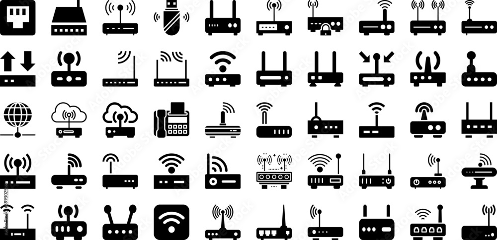 Modem Icon Set Isolated Silhouette Solid Icons With Wireless, Router ...