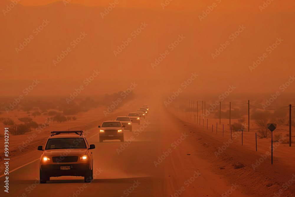 Dust storm haze engulfs the road with cars. Fine dust particles can ...