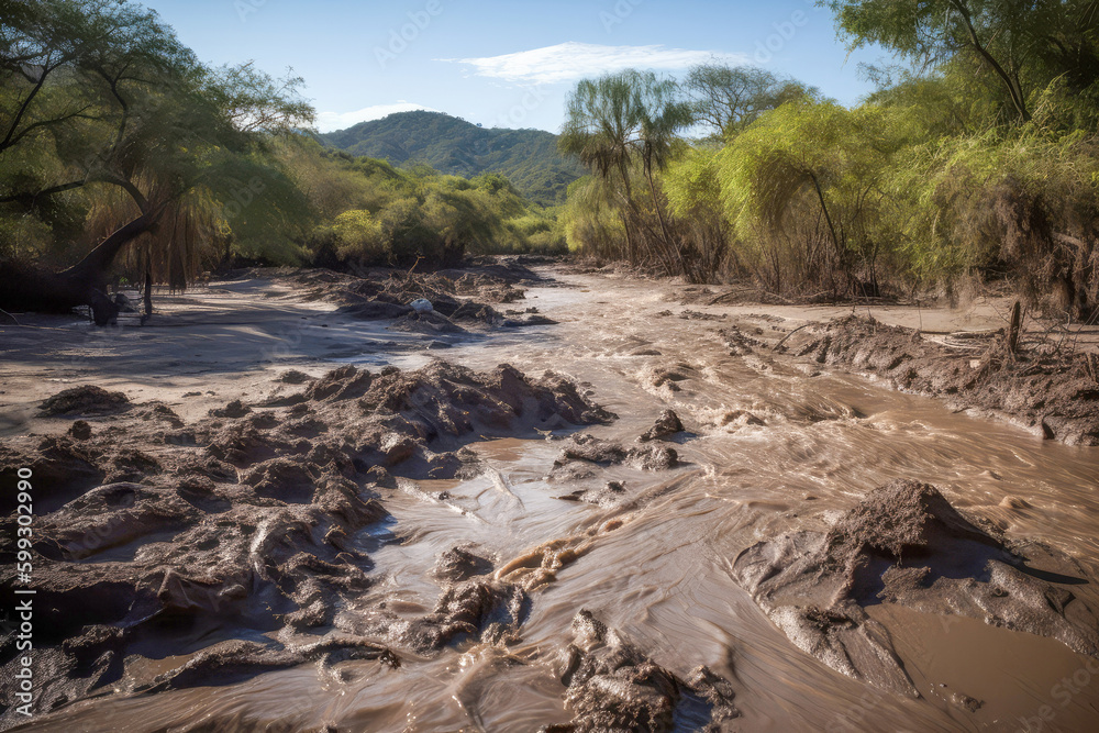Aftermath of a mudflow that ravaged this serene nature area. Mudflows can occur in areas with ...