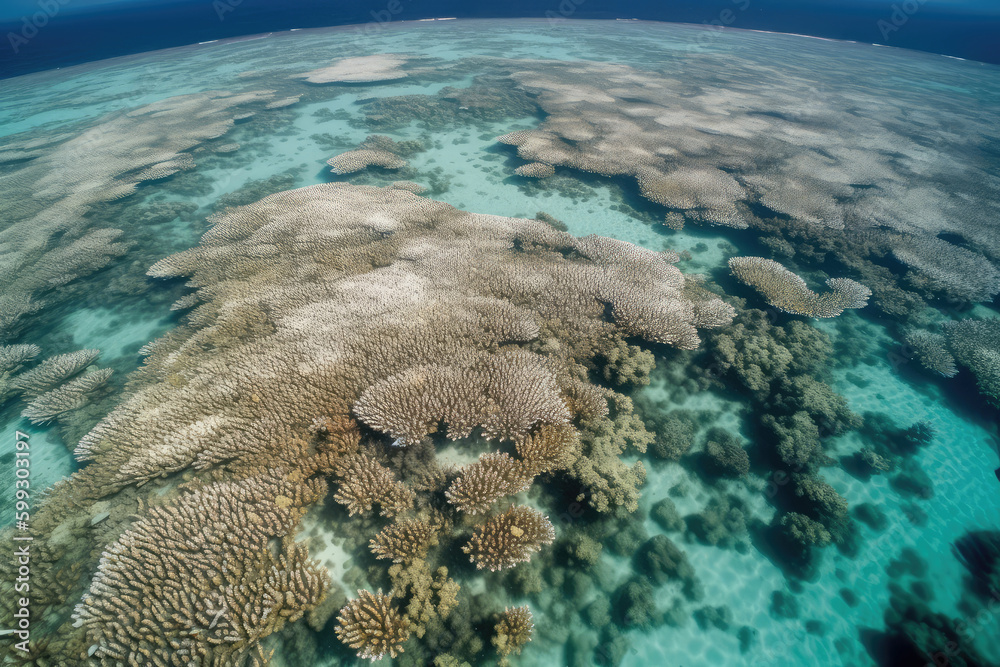 Devastation caused by El Nino on coral reefs. This aerial view shows ...