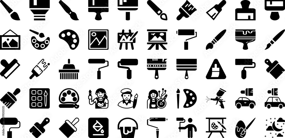 Paint Icon Set Isolated Silhouette Solid Icons With Art, Vector, Set ...