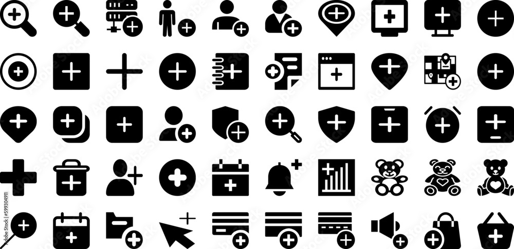Plus Icon Set Isolated Silhouette Solid Icons With Icon, Web, Vector ...