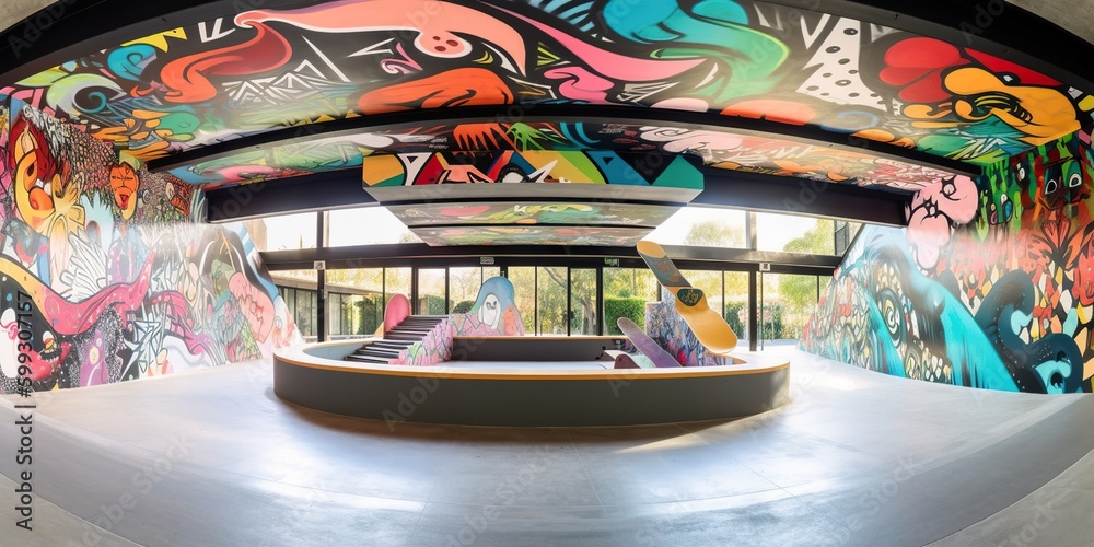A skate park adorned with vibrant murals, fusing urban sports and ...