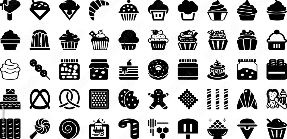 Sweet Icon Set Isolated Silhouette Solid Icons With Sweet, Dessert ...