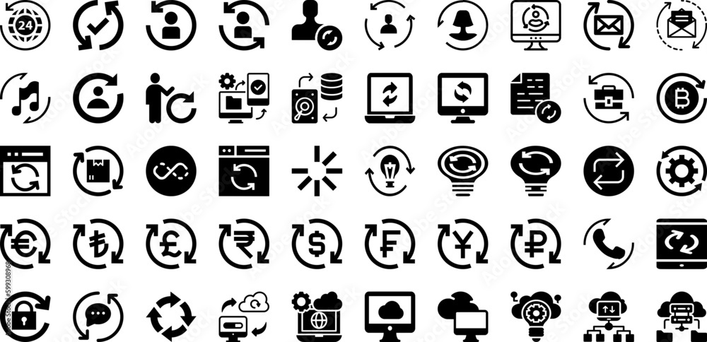 Sync Icon Set Isolated Silhouette Solid Icons With Data, Internet ...