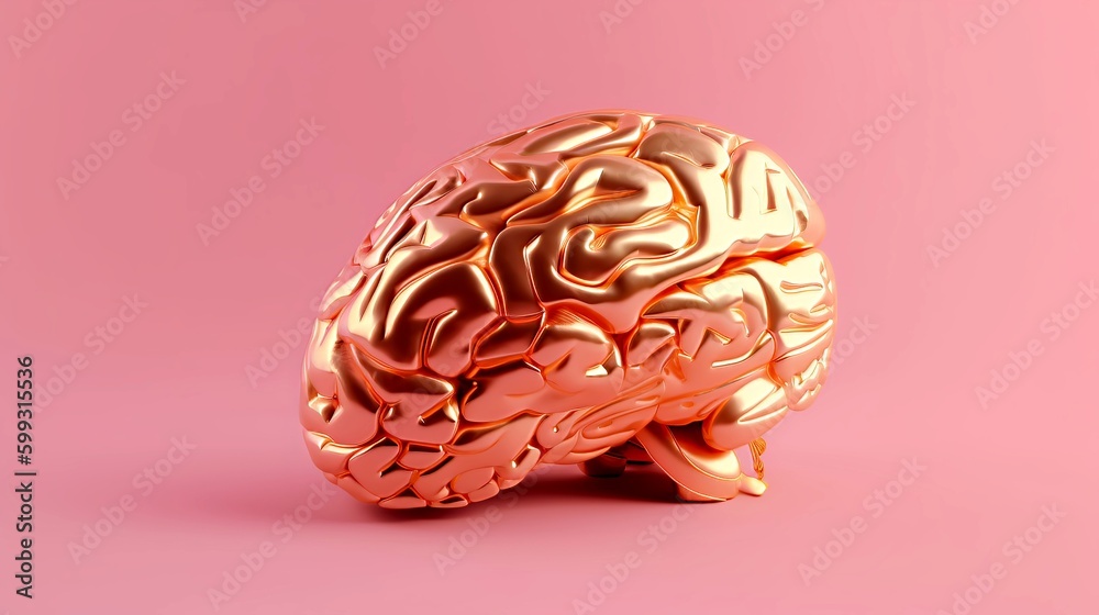Minimal golden brain on a pastel background. Anatomical model of the ...
