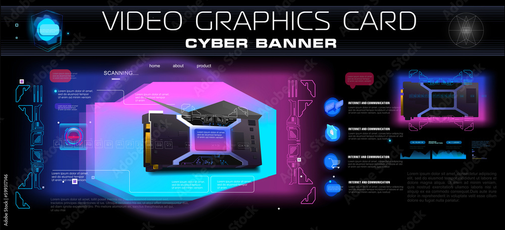Realistic video card for computer on futuristic background. Cyberbanner ...