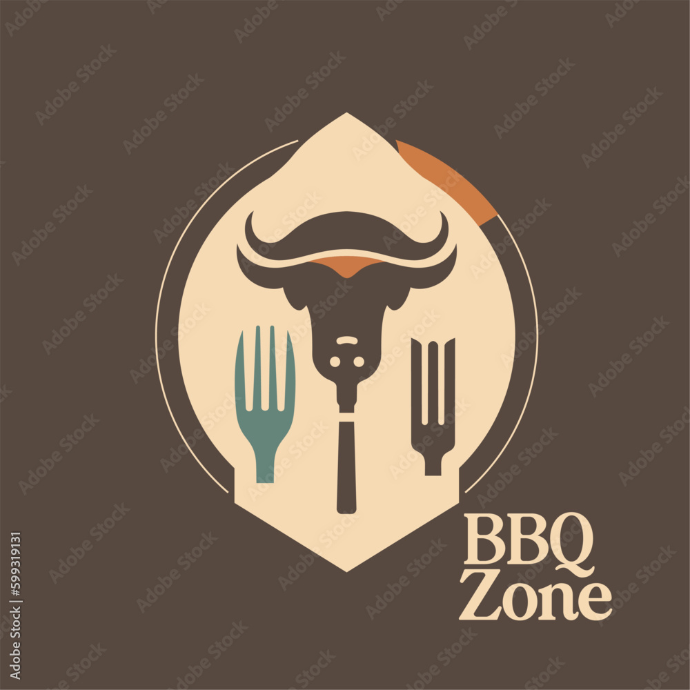 Logo for BBQ Zone with a bull and forks. The logo is brown and has a ...