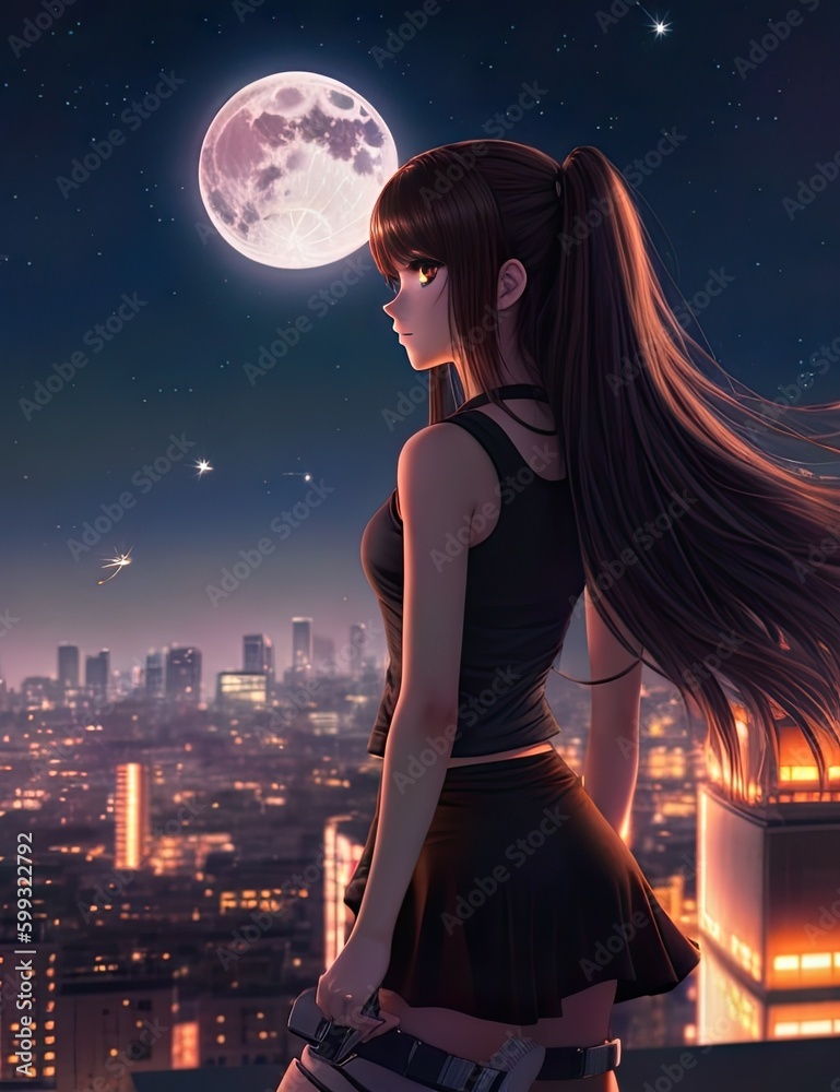 Portrait of a gorgeous cute anime girl on full moon | Cute Anime style ...