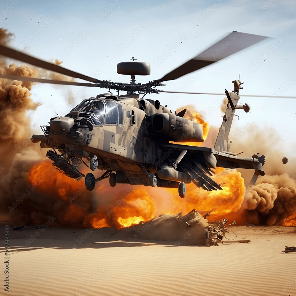 military armored chopper crosses fire and smoke in the desert after a ...