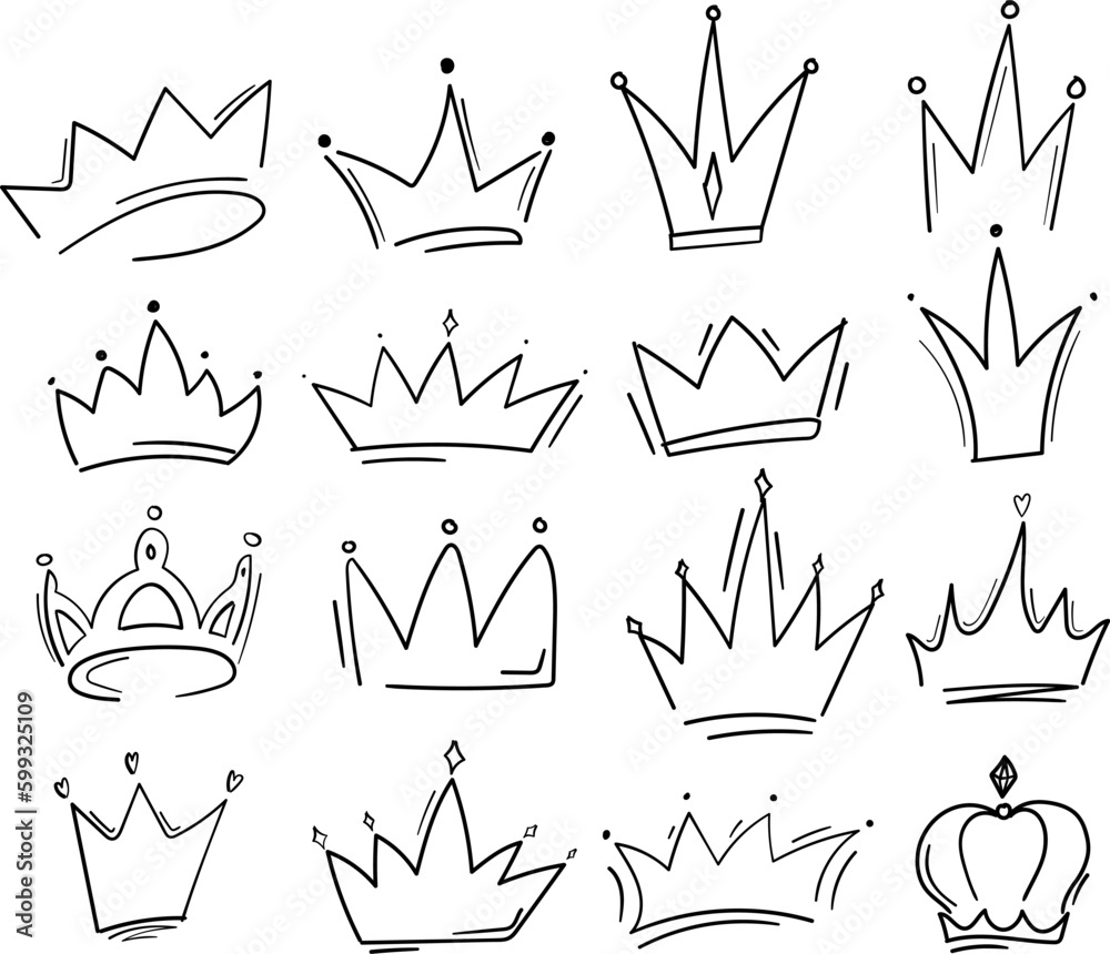 Doodle crowns. Line art king or queen crown sketch, fellow crowned ...