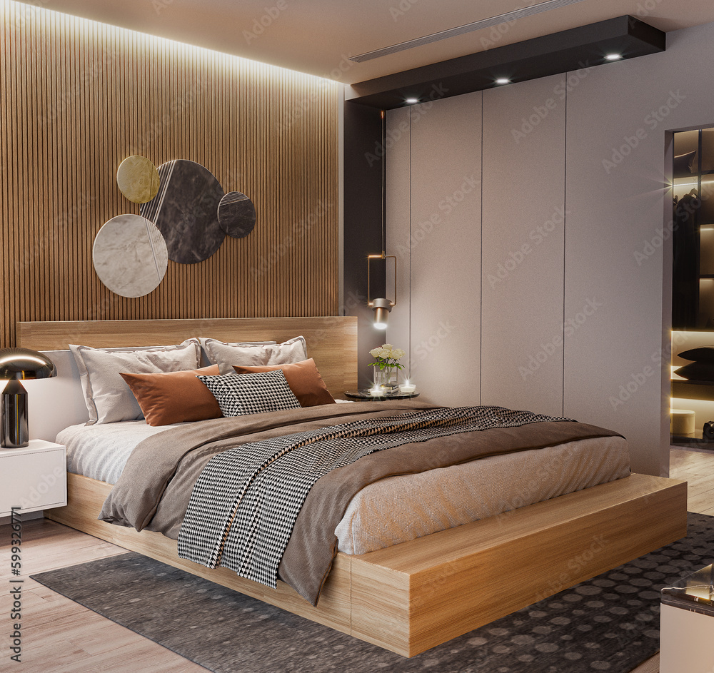 3d rendering modern luxury bedroom side angle with wooden headboard ...