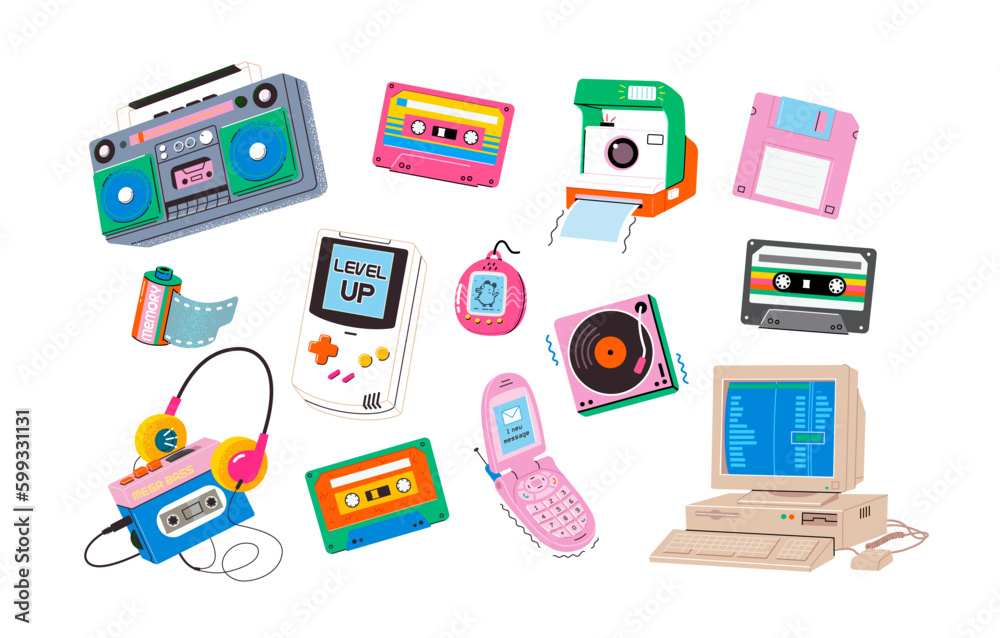Vetor de Collection of nostalgic retro gadgets games and devices ...