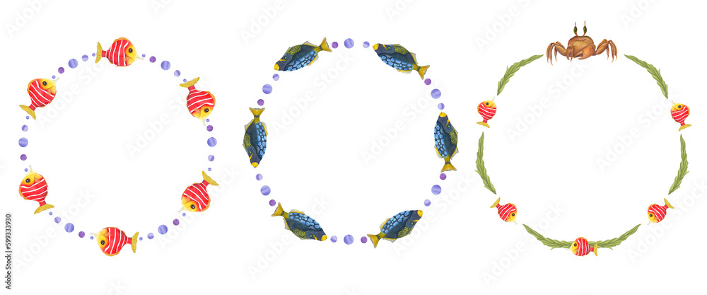 Set of watercolor frames in marine style isolated on white background ...