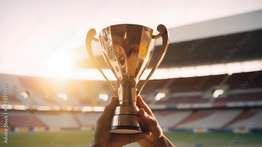Two hands holding up a golden trophy in front of a soccer stadium under ...