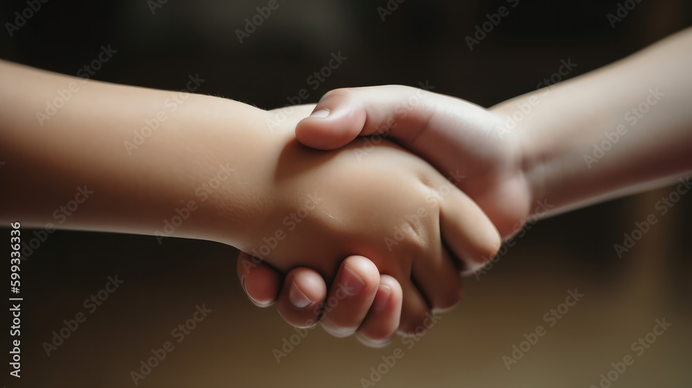 Close up of the hands of two children. The friends are shaking hands as ...