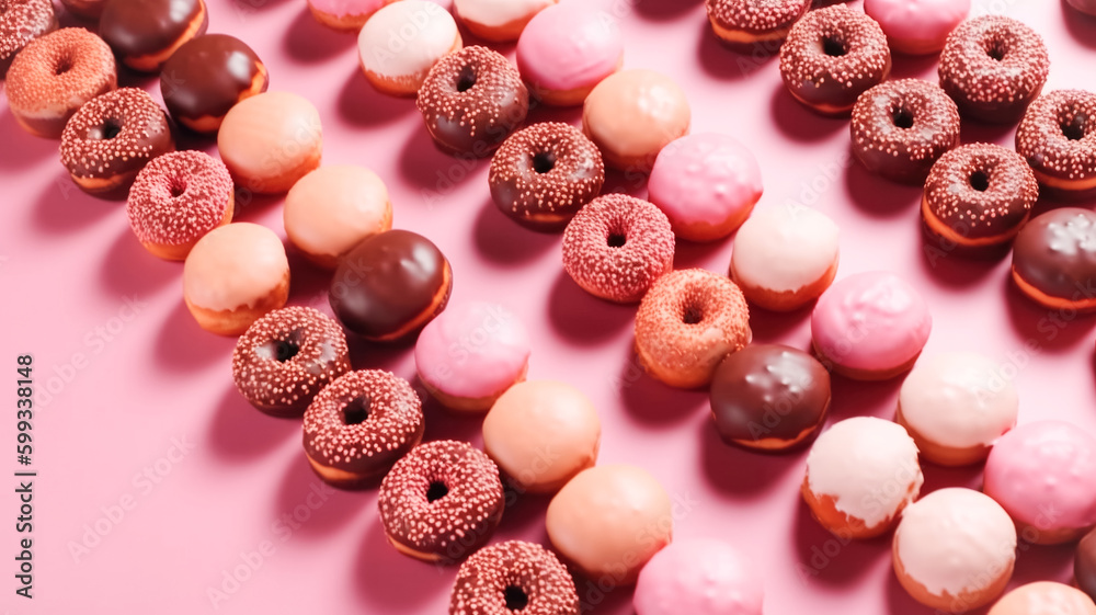 Sweet bright Donuts in various glazes and colored sprinkles lie pink ...