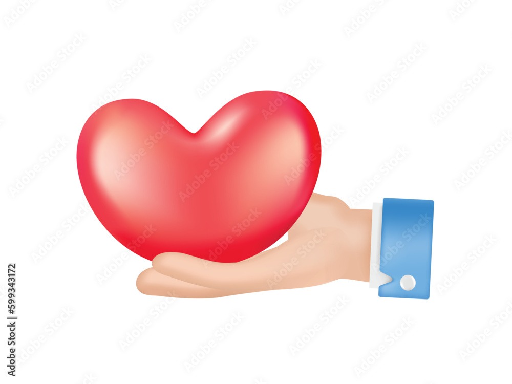 3d icon red heart in hand. Vector cartoon arm holding gesture ...