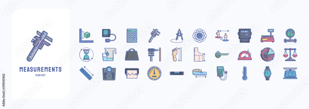 A collection sheet of linear color icons for Measurements, including ...