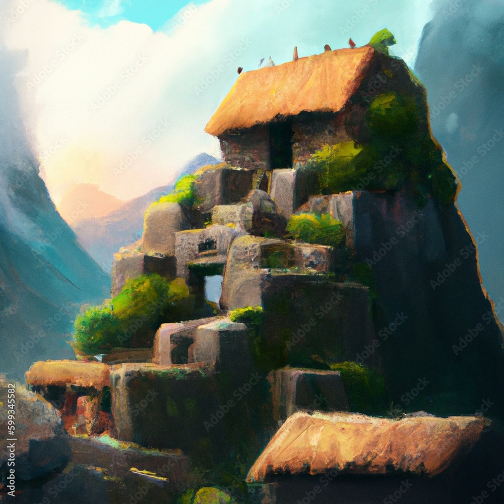 Houses of the ancient Peruvian culture built of stone and adobe, with ...