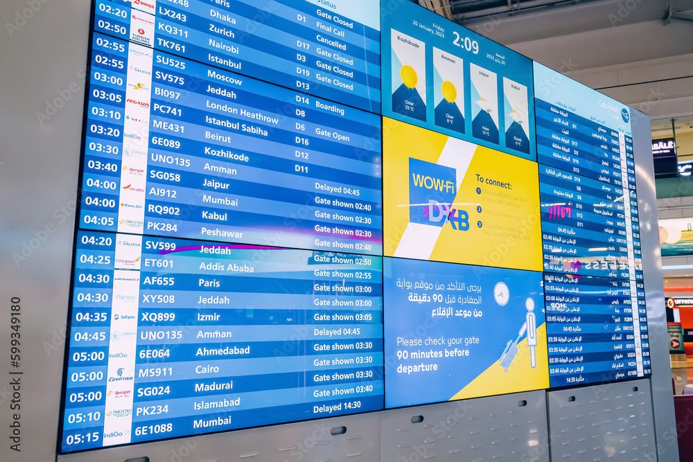 20 January 2023, Dubai, UAE: Timetables of DXB airport in United Arab ...