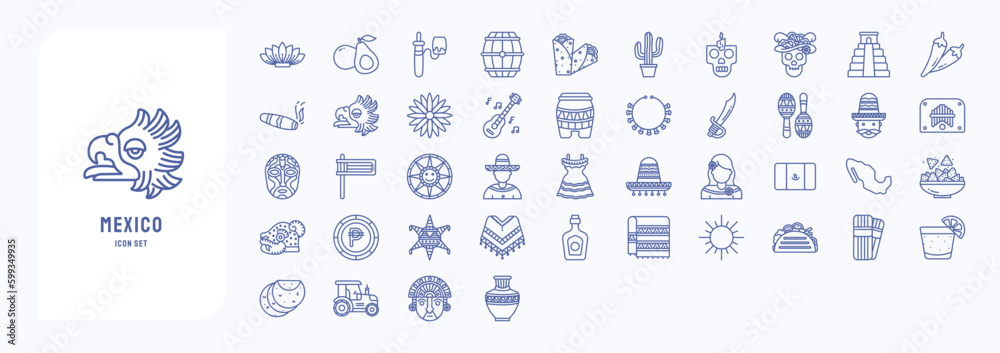 A collection sheet of outline icons for Mexico national and culture ...