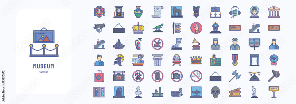 A collection sheet of linear color icons for Museum, including icons ...