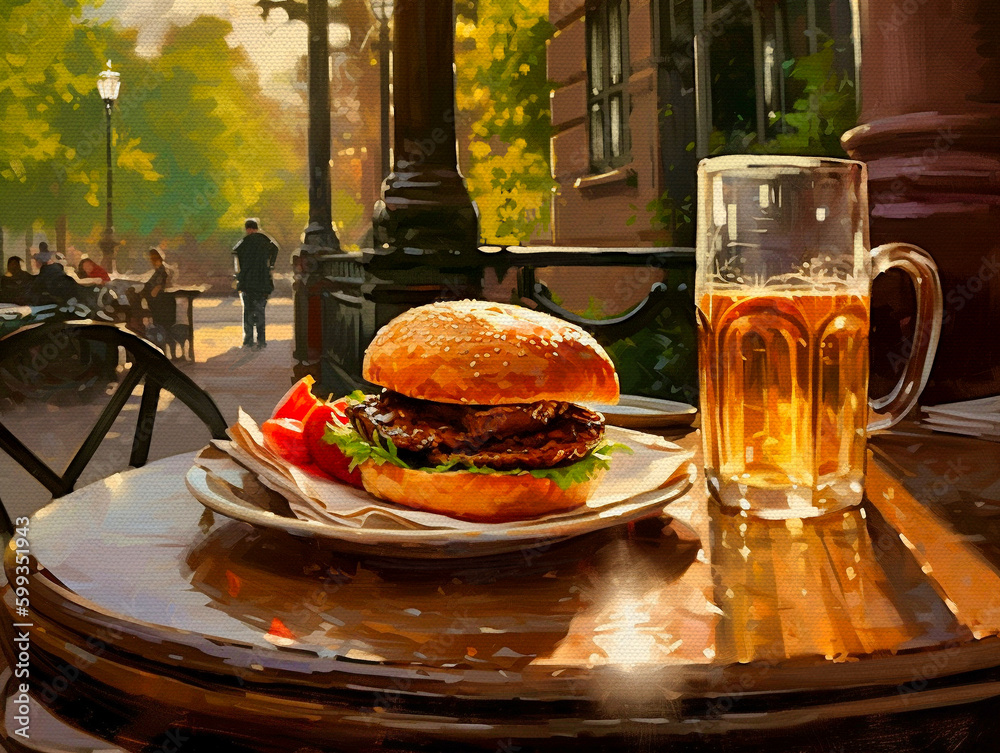 Oil paintings still life, breakfast on the terrace. Hamburger and ...