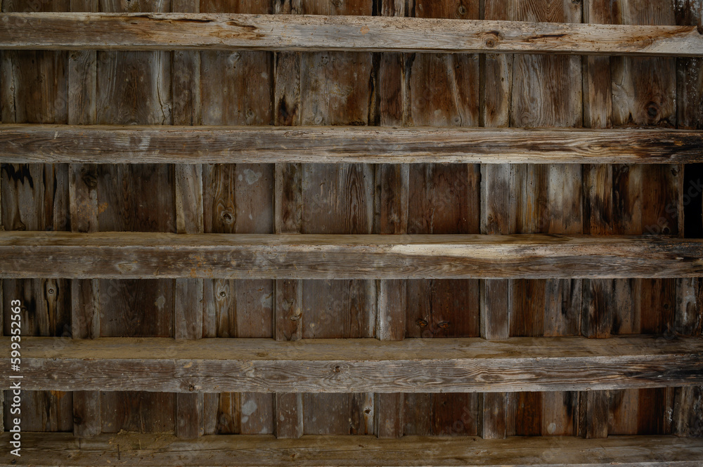 Foto de old interlaced wooden roof, of a medieval house on the thick ...